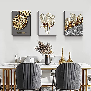 QTESPEII Large Modern Canvas Wall Art Hyacinth Painting White Flower Gold Leaf Canvas Prints for Living Room Bedroom Office Wall Decor Framed Home Office Walls Decorations, 16"x24" 3 Pieces