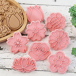 8Pcs/ Flower Shape Cookie Molds, Pink Plastic DIY Mould for Biscuit, Baking Tools