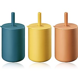 Geiserailie Mini Baby Silicone Cups with Straw Reliable Lid Sippy Cup Reliable 6 oz Unbreakable Training Cup for Toddler (Yellow, Blue, Brown,3 Pieces)