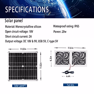 20W 18V Solar Panel Fans, Solar Powered Exhaust Fans for Greenhouse, Chicken Coop, Shed, Dog House,Outside Roof Vent, Camping