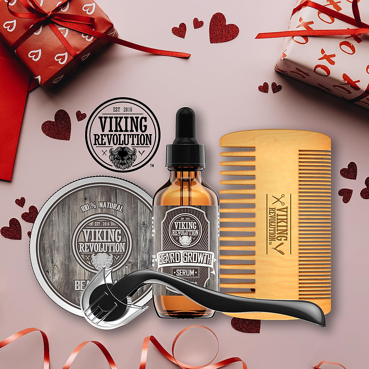 Beard Growth Kit - Oil, Balm, Serum, Derma Roller & Wooden Comb for Beard & Mustache Growth