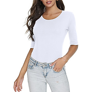 LINDLOOK Women's Casual Round Neck Half Sleeve T Shirt Solid Basic Plain Cotton Tops(White/O-Neck,S)