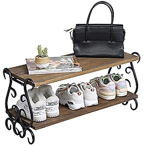 MyGift 2 Tiered Solid Burnt Wood Shoe Rack Storage Bench with Vintage Metal Scrollwork, Entryway Foyer Mudroom Shoe Organizer