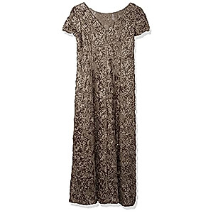 Alex Evenings Women's Long Rosette Lace Cap Sleeve Gown, Champagne, 14