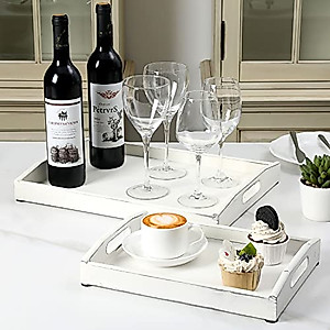 MyGift Vintage Rustic Whitewashed Wood Nesting Serving Trays/Decorative Ottoman Trays with Oval Cutout Handles, Set of 3