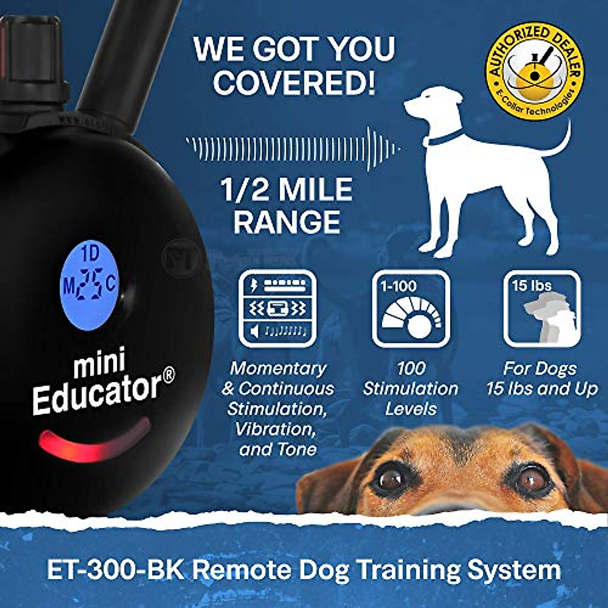 Educator - ET-300 Black - Ecollar Dog Training Collar with Remote Control - 1/2 Mile Range, Waterproof, Rechargeable, 100 Training Stimulation Levels, Vibration and Tone W/PetsTEK Training Clicker
