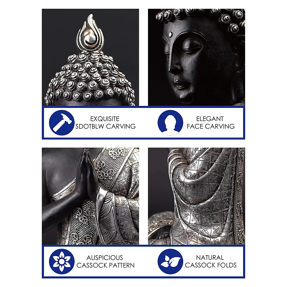 JORAE Seated Buddha Statue Buddhism Thai Meditating Home and Garden Decorative Sculpture Praying Collectibles Figurines, 9.5 Inches, Polyresin