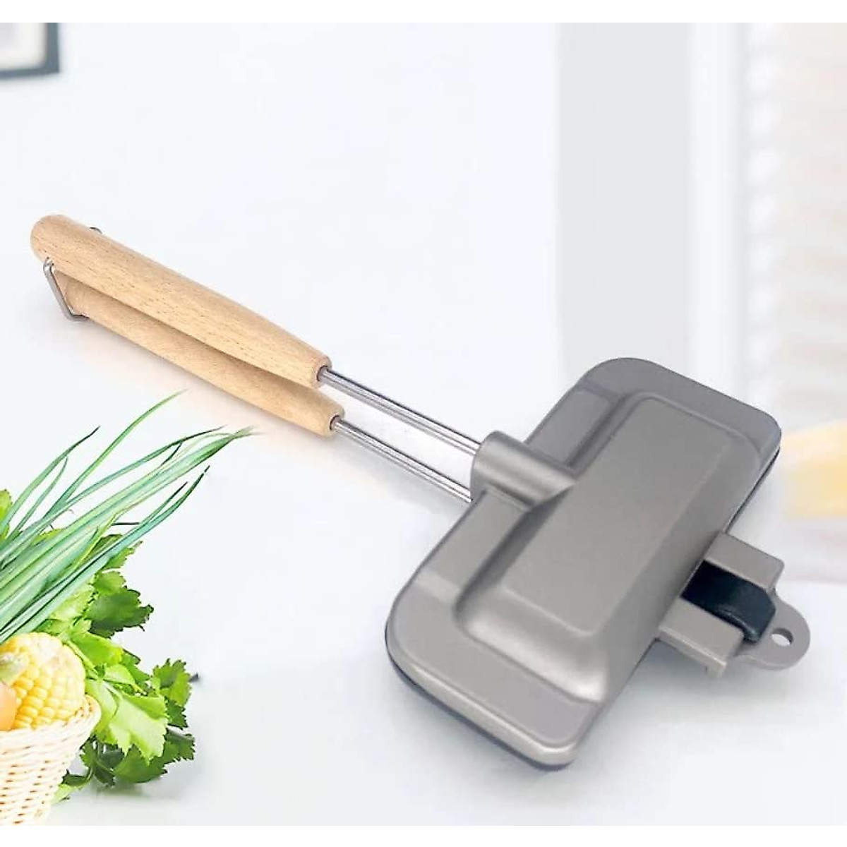 Giroayus Double-sided Sandwich Baking Pan Baking Pan Outdoor Double Sided Frying Pan Sandwich Double Sided Nonstick Frying Pan With Removable Handle Aluminum Flip Top Pan (Silver)