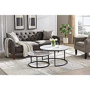 Modern Nesting Coffee Table Set of 2 for Living Room, Office, Balcony, Mid Century Round Wood Accent Coffee MDF Faux Marble Tabletop w/Black Color Frame, Gift for Thanksgiving Christmas -White