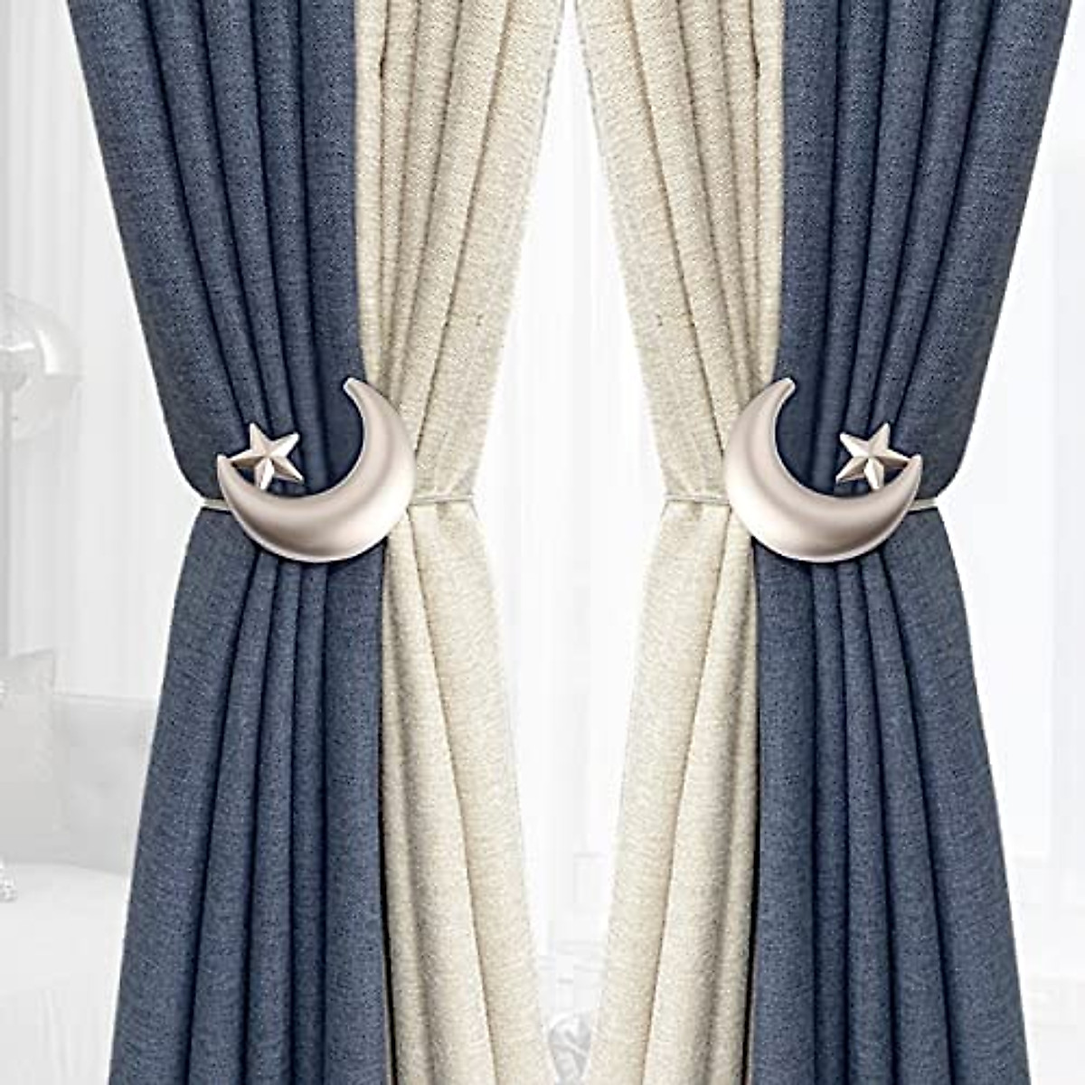 canjuxk 2 Pack Curtain Tiebacks，Magnetic Curtain Tiebacks,Star Moon Curtain Decorative Weave Rope Curtain Holdbacks Holder for Window Decor, Curtain Clips Rope Straps Magnet for Home Office (Silver)