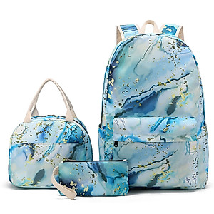 Pawsky Waterproof School Backpack Set Fits 14" Laptop Backpack Daypack College School Bookbag with Lunch Box and Pencil Case (Marble-Blue)