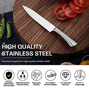 EDOSSA Knife Set - Kitchen Knife Set 8 Pieces Germany Stainless Steel Knife Block Set with Sharpener - Dishwasher Safe Kitchen Knives - Ultra Sharp Chef Knife Set for Kitchen Silver
