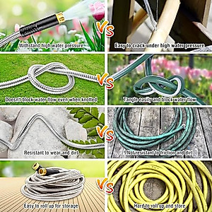 GAINSEN Flexible Metal Garden Hose 50ft x 5/8", Stainless Steel Heavy Duty Water Hose with Thumb Spray Nozzle, Kink & Tangle Free, Puncture & Leak Proof, Durable Lightweight Hose for Yard, Outdoor