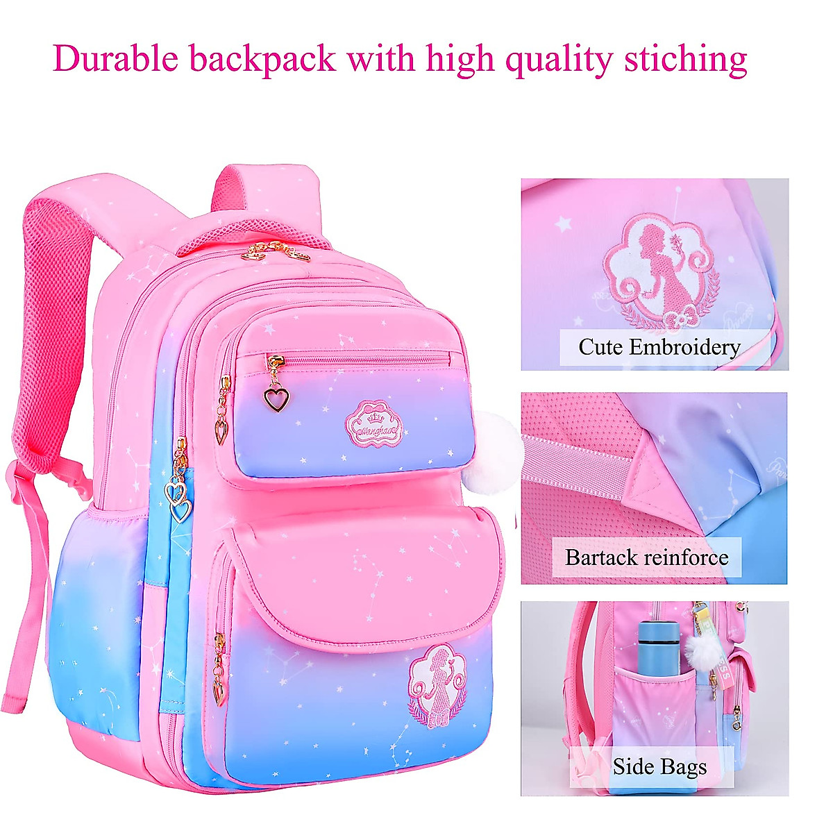 Backpack for Girls, Waterproof Kids Backpacks Princess School Bag Pink Bookbags Cute Travel Daypack