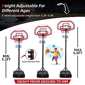 GYMAX Basketball Hoop, Outdoor Indoor 5.2-6.9 FT Adjustable Basketball Goal with Spare Net, Shatterproof Backboard, 2 Wheels, Portable Basketball Stand System for Kids Teens Adults, Gym Court Driveway