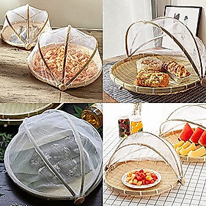 Food Bamboo Food Serving Tent Basket Hand-Woven Basket Serving Dustproof Round Picnic Basket Vegetable Fruits Bread Food Home Food Storage Basket with Mesh Gauze Cover Container