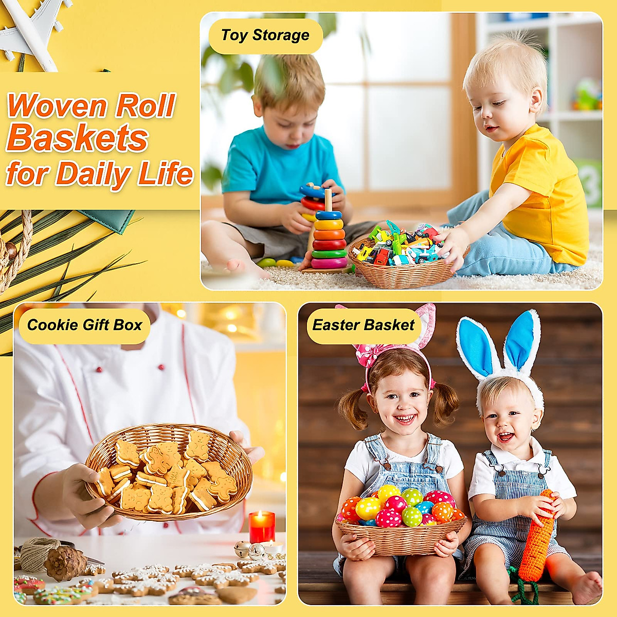 36 Pieces Bread Basket for Serving Plastic Wicker Basket Empty Gift Basket Woven Round Storage Basket Brown Fruit Serving Basket Bulk for Kitchen, Restaurant, Easter Gifts, Bakery 9.5 x 6.3 x 2.4 Inch