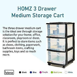 Homz Clear Plastic 3 Drawer Medium Home Organization Storage Container Tower with 3 Large Drawers and Removeable Caster Wheels, White Frame
