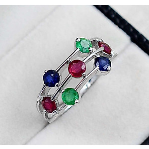 Natural Ruby Emerald Sapphire Mix Gemstone 4 MM Round Cut 925 Sterling Silver Cluster Unisex Proposal Ring For Christmas Gift (Rhodium Plated Silver, 11)