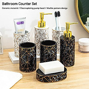 RUNLAIKEJI 4-Piece Ceramic Bthroom Accessories Set, Marbling Ceramic Bathroom Set Accessories, Home Bathroom Counter Set with Soap Dispenser, Soap Dish, 2 Mouthwash Cups, Home Decor Accessories