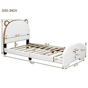 Twin Platform Bed Frame, Platform Bed for Girls Boys, Modern PU Leather Upholstered Platform Bed with Bear-Shaped Headboard and Footboard, Noise-Free, No Box Spring Needed (White+Brown)