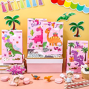 24 Pieces Dinosaur Party Bags Dino Candy Favor Bags with Stickers Pink Goodie Treat Gift Bags for Kids Girls Dinosaur Birthday Party Supplies Decorations