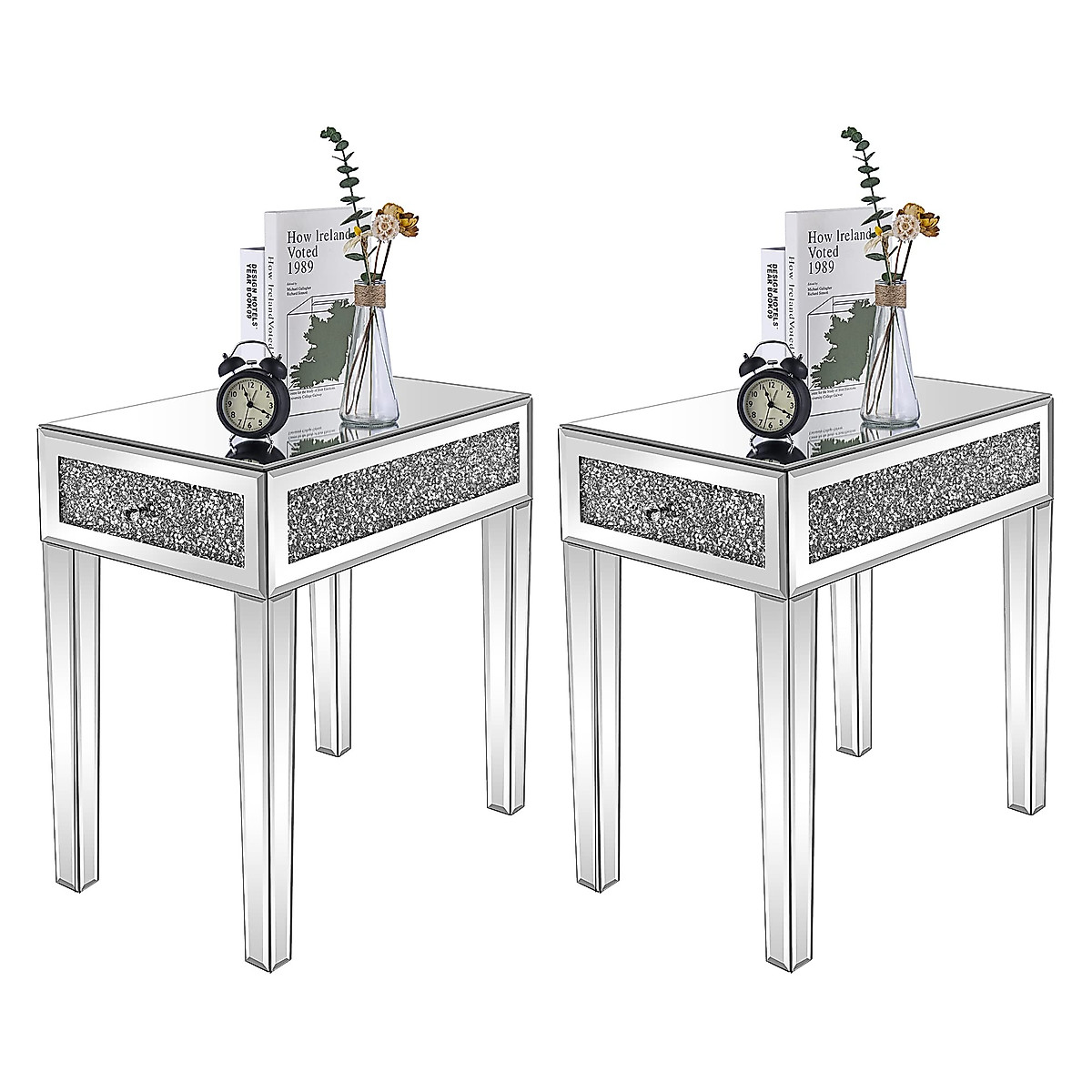 VINGLI Mirrored Nightstand Set of 2 Narrow Side Table with Drawer Glass Accent Table,Silver