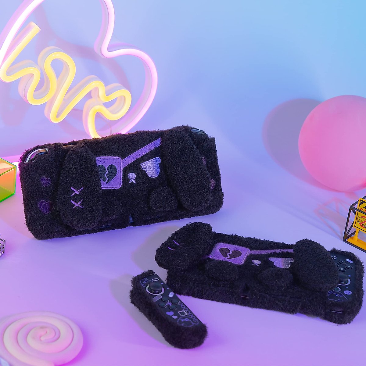 GeekShare Cute Plush Bunny Protective Case Cover - Anti-Scratch and Shock-Absorption Skin Case Compatible with Nintendo Switch OLED Console and Joy Con Only - Dark Plush Bunny