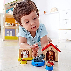 Family Pets Wooden Dollhouse Animal Set by Hape | Complete Your Wooden Dolls House with Happy Dog, Cat, Bunny Pet Set with Complimentary Houses and Food Bowls