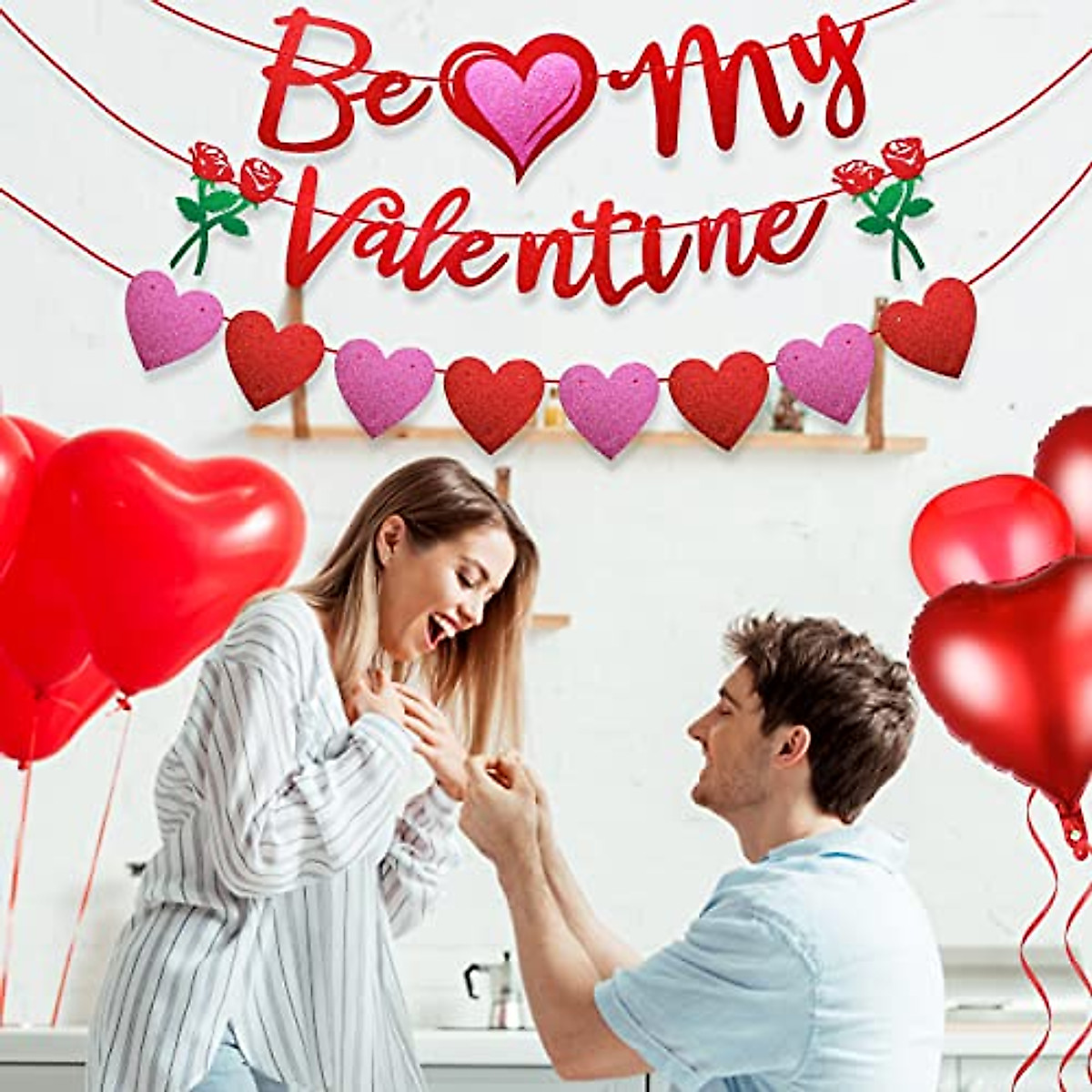 cobee Be My Valentines Banners for Valentine's Day Decorations, Glitter Love Heart Hanging Ornament Banner for Bridal Shower Engagement Anniversary Wedding Party Valentines Day Gift