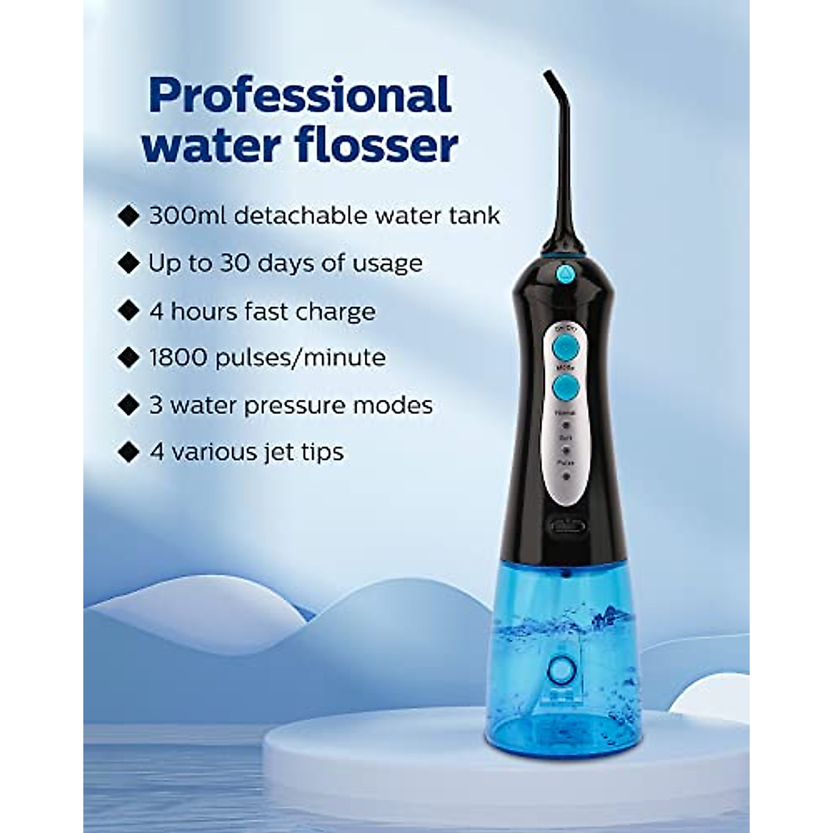 Cordless Water Flosser for Teeth Professional Water Teeth Cleaner Picks Dental Oral Irrigator with 3 Modes & 4 Jet Tips for Braces Gums, IPX7 Waterproof, 300ml Detachable Tank for Home Travel Black