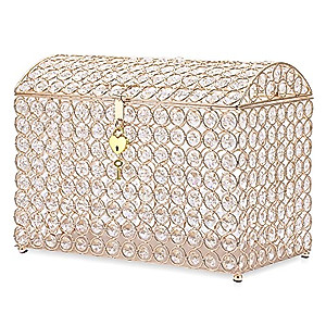 ELLDOO Crystal Wedding Card Box with Heart Lock, Money Card Box Treasure Chest Style Gold Gift for Wedding Receptions, Centerpiece Decor, Anniversary, Keepsake, Gift Display Box