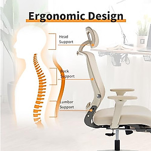 Foldable Ergonomic Office Chair with Footrest, High Back Computer Chair with 2D Headrest, Mesh Back, Sponge Seat, Adjustable Lumbar Support, 2D Armrest, Home Office Desk Chair, Cream