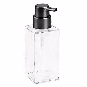 mDesign Glass Refillable Foaming Hand Soap Dispenser Modern Square Pump Bottle for Bathroom Vanities or Kitchen Sink, Countertops - 2 Pack - Clear/Black