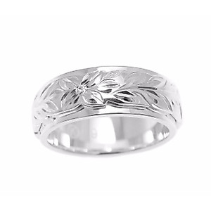 Arthur's Jewelry Sterling silver 925 Hawaiian maile leaf plumeria flower scroll 6mm/8mm double ring size 7.5