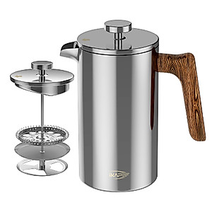 IKAPE French Press Coffee Maker, 34 OZ 304 Stainless Steel Espresso Coffee & Tea Maker with 4 Level Filtration System(Silver)