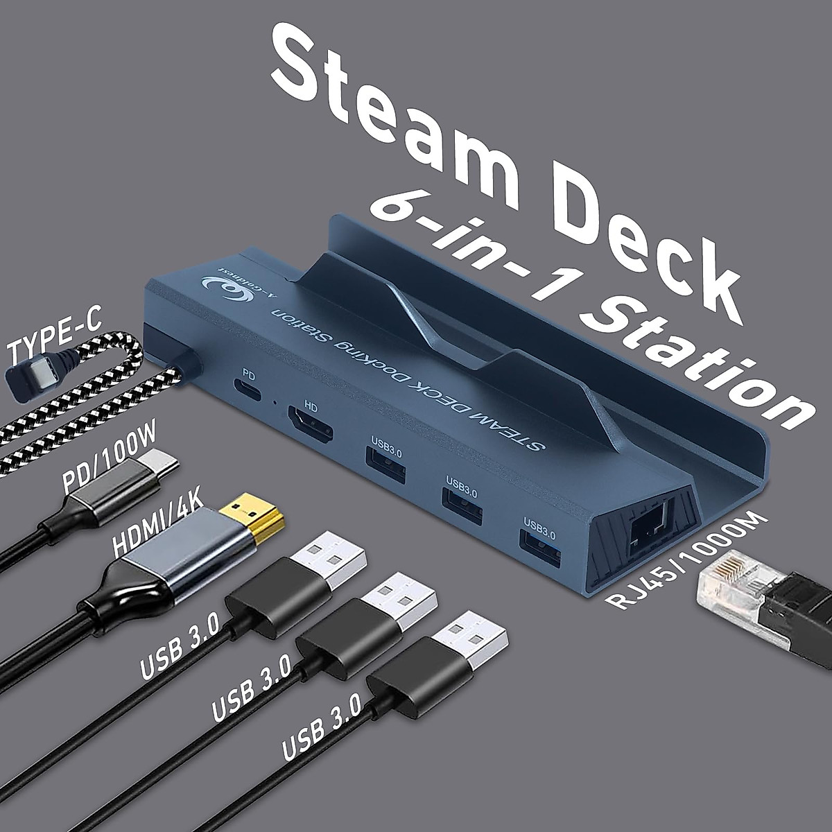 ROG Ally Dock Station 6-in-1 Docking Station for Steam Deck,Steam Deck Dock with HDMI2.0 4K@60Hz,3 USB-A 3.0, Gigabit Ethernet,100W PD Charging, USB C Hub Multiport Adapte