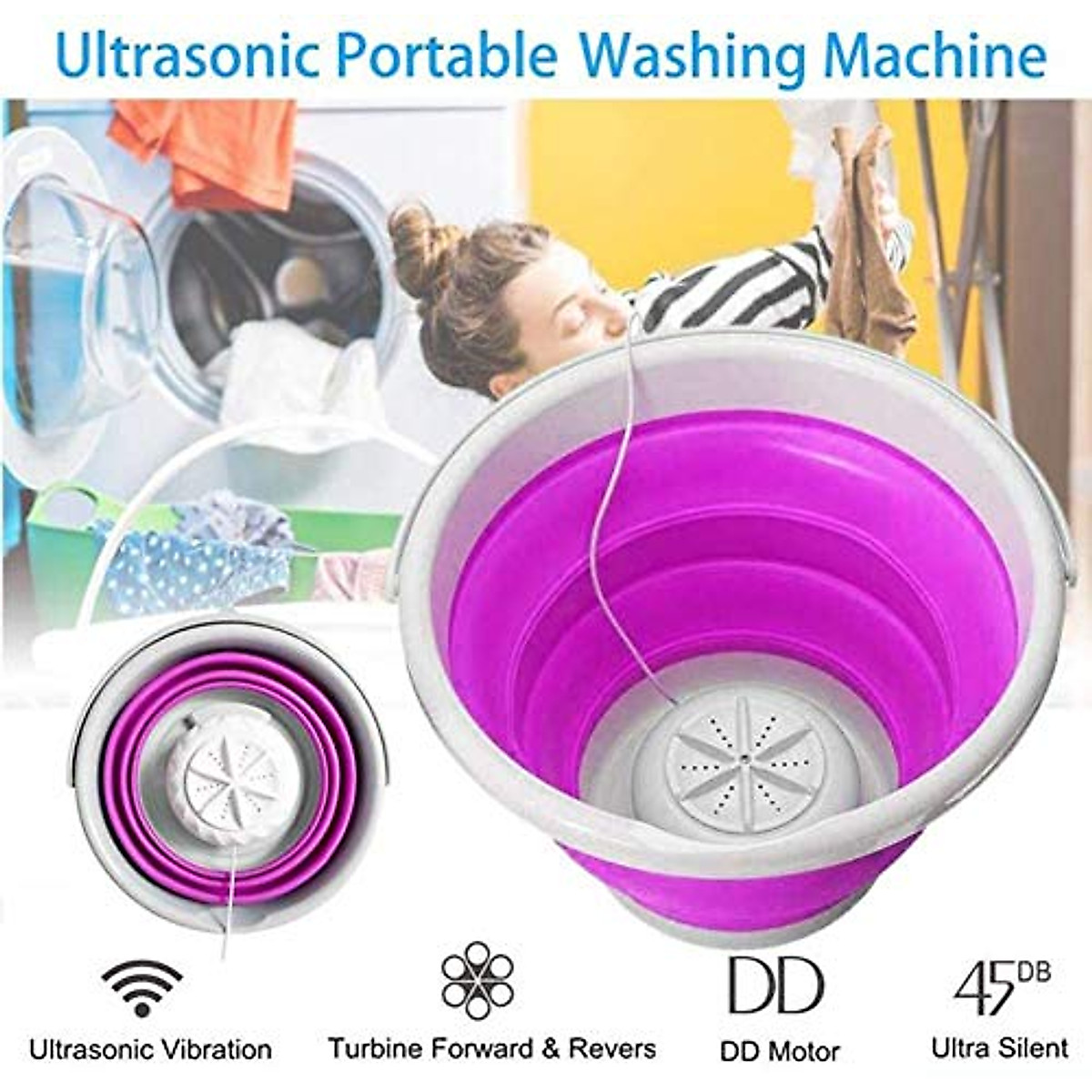 Portable Mini Turbo Washing Machine with Foldable Tub Compact Ultrasonic Turbine Washer Lightweight Travel Laundry Washer USB Powered Camping Apartments Dorms RV Business Trip Clothes (24W) (Purple)