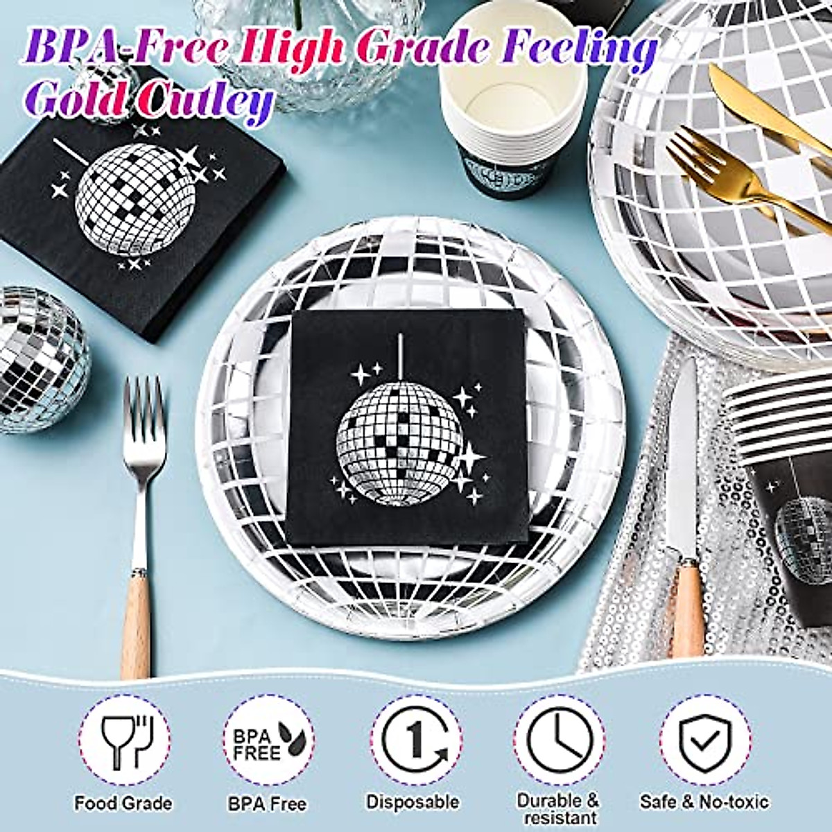 70s Disco Party Supplies Includes 50 Pcs Silver Disco Ball Paper Dinner Plates 50 Pcs Disco Paper Cups 50 Pcs Disco Party Cocktail Napkins for Disco Wedding Party Picnic Travel (Black and Silver)