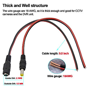 (Real 18AWG 43x2pcs Strands) 10 Pairs DC Power Pigtail Cable 12V 5A Male & Female + 10 Pairs DC Power Jack Plug Adapter barrel Connector for CCTV Home Security Surveillance by MILAPEAK (2.1mm x 5.5mm)