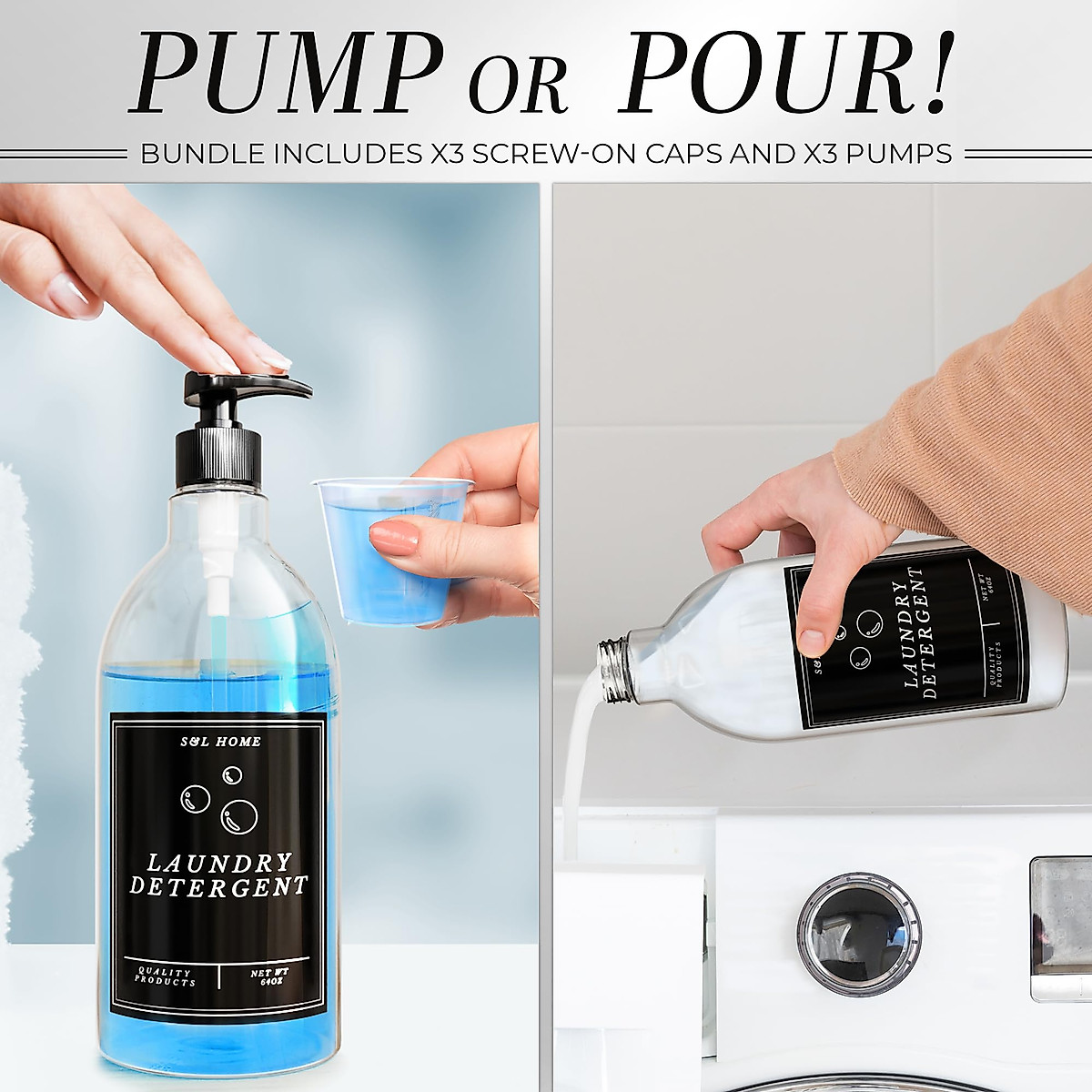 S&L Home Liquid Laundry Detergent Dispenser - 64 Oz Plastic Laundry Detergent Container, Fabric Softener Dispenser & Bleach Dispenser for Laundry Room