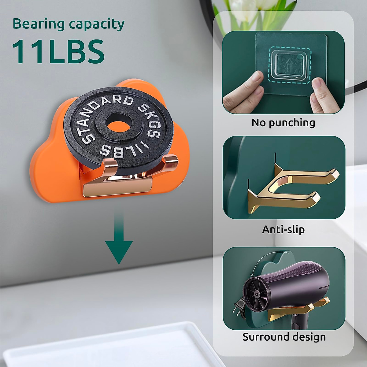 2 Pack Universal Hair Dryer Holder Wall Mounted, Blow Dryer Hanger Wall Mount for Hair Dryer Hook with Plug&Cord Organizer Self Adhesive for Cabinet Bathroom(Orange and Green)