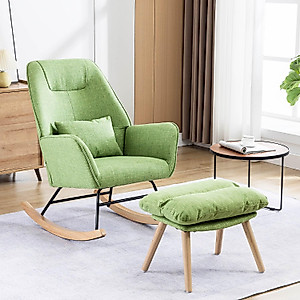 Altrobene Rocking Chair with Ottoman and Pillow, Glider Rocker Chair, Accent Arm Chair Lounger for Living Room/Bedroom/Nursery, High Back, Solid Hardwood Base, Green
