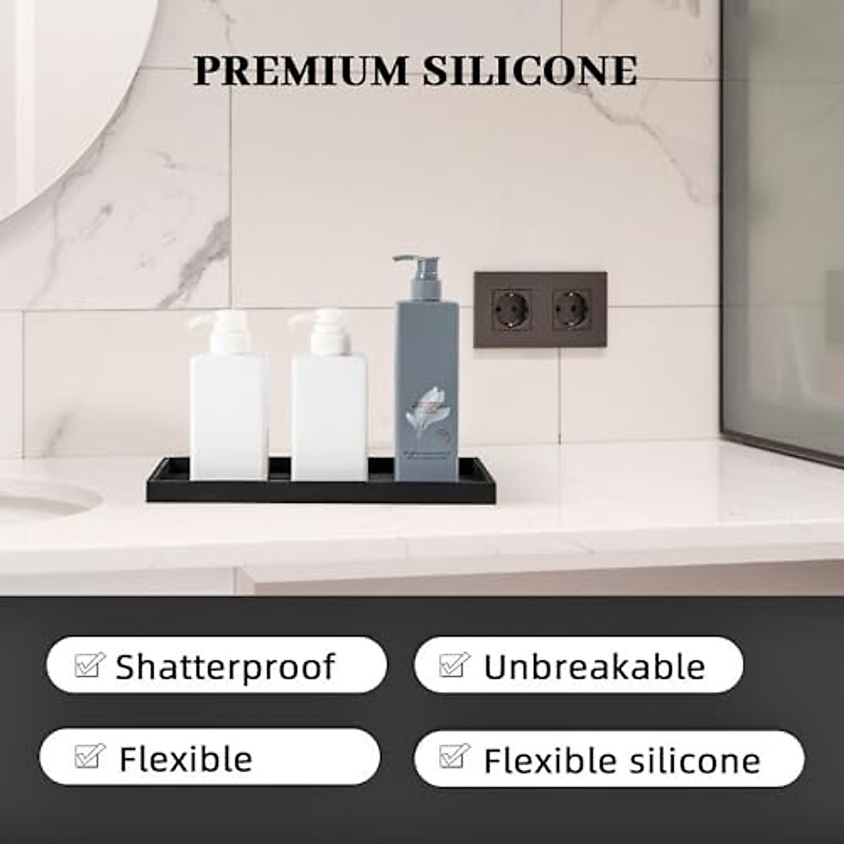 Bustlinrd 7.8'' Silicone Bathroom Vanity Tray Countertop Rectangle Soap and Sponge Holder Shatterproof Flexible Bathroom Tray Lotion Bottles, Perfume, Jewelry, Candle, Key Trinket Ring, Black