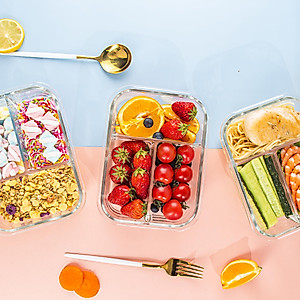 Glass Food Storage Containers 3 Compartment with Lids (5 Pack, 34oz), Divided Glass Meal Prep Containers for Lunch at Work, Leak-Proof Portion Control Food Containers, Microwave/Dishwasher Safe