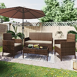 Greesum Patio Furniture 4 Pieces Conversation Sets, Brown and Beige & Nourison Aloha Indoor/Outdoor Green 3'6" x 5'6" Area-Rug, (3x5)