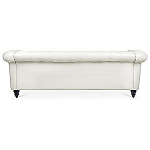 FANYE 84.65" 3-Seaters Chesterfield Clasic Luxury Roller Armrest Soild Wood Legs Sectional,Button Tufted PU Leather Upholstered Modular Sofa Couch with Reversible Cushions & Nailhead Decor, White