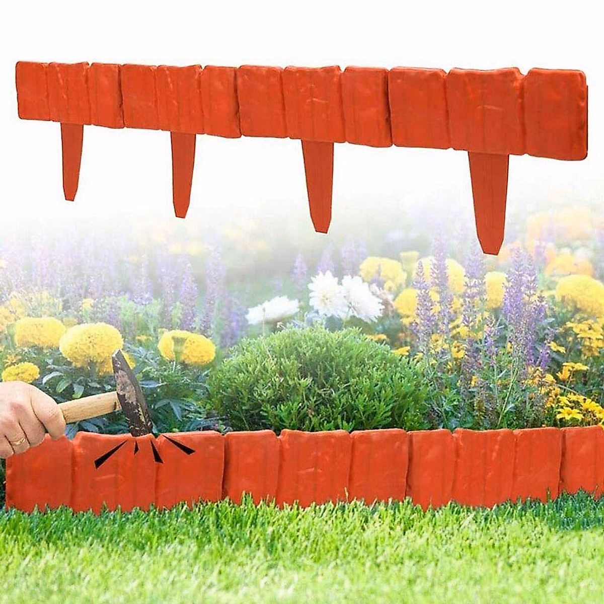 HEVIRGO 20Pcs Garden Edging Fence, Plant Edging Border, Landscape Palisades Barriers, Imitation Stone Lawn Grass Edging Garden Plant Flower Bed Border Fence for Patio Yard Pathway Balcony Orange