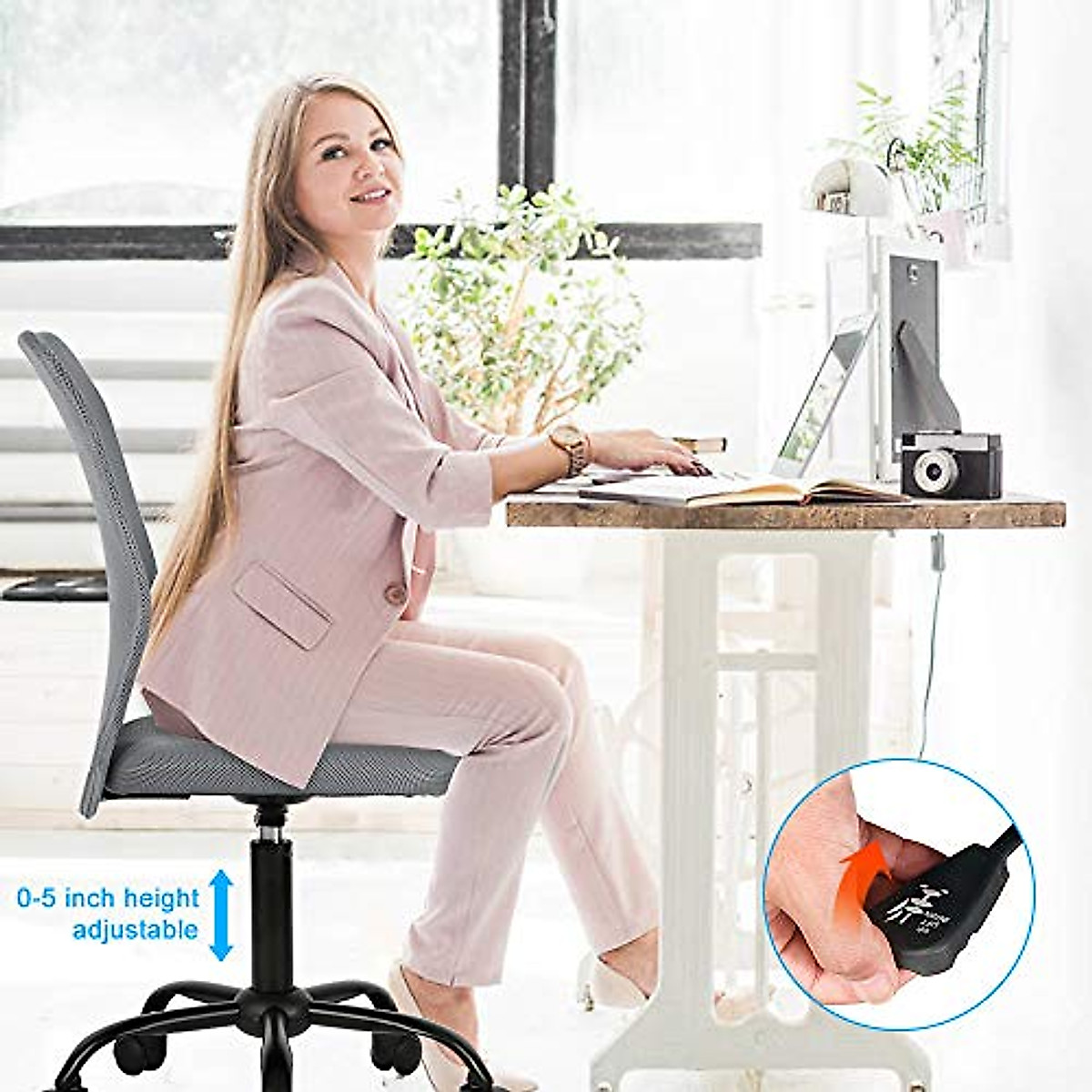 Simple Office Chair, Mesh Office Chair Armless Home Office Desk Chair Adjustable Computer Chair Task Rolling Swivel Chair for Working,Meeting,Reception Place, Grey