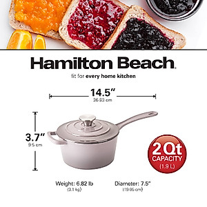 Hamilton Beach Enameled Cast Iron Sauce Pan 2-Quart Navy, Cream Enamel coating, Pot For Stove top and Oven Cooking, Even Heat Distribution, Safe Up to 400 Degrees, Durable